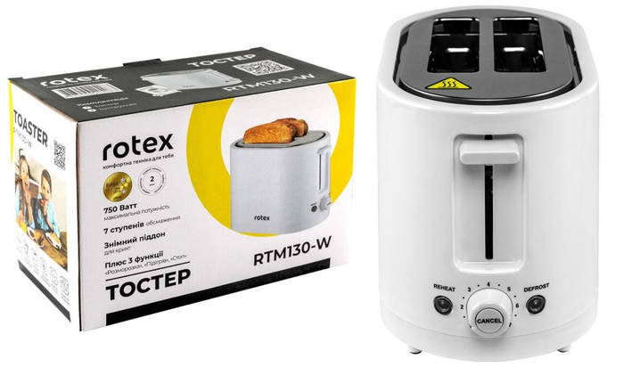 Купить Тостер ROTEX RTM130-W (Мощность 750 W. 7 степеней обжаривания. Режим разморозки. Съемный ...