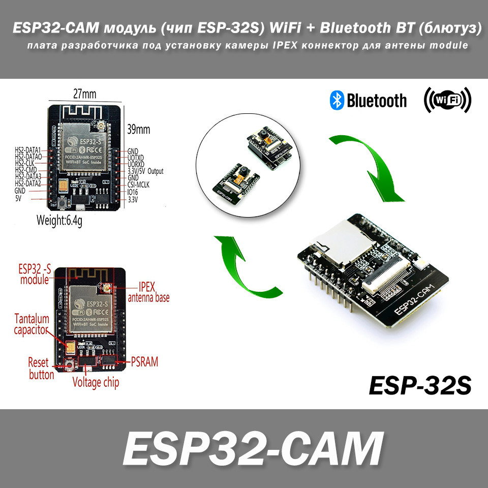 Купити Модуль ESP32-CAM (чіп ESP-32S) WiFi + Bluetooth BT (блютуз ...