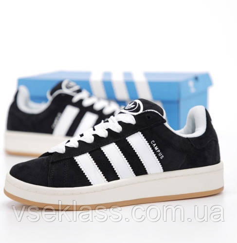 Мужские Adidas Campus Black White Gum черные с белым натуральная замша ...