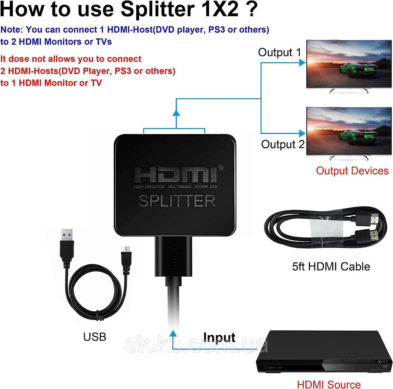 HDMI 4K сплиттер разветвитель для двух мониторов зеркало 1х2, цена: 334 ...
