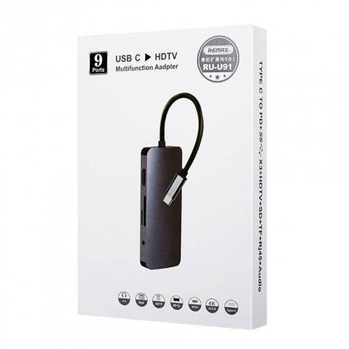 USB HUB адаптер Remax RU-U91 3 USB / Type-C PD / HDMI 4K / SD / TF / AUX / RJ-45 9 in 1, Gray ...