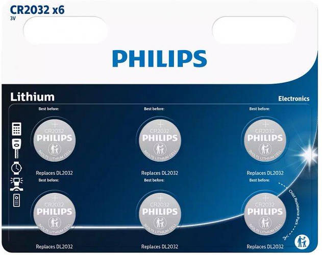 Литиевые батарейки CR2032 3v 6 штук Philips, тип "таблетка 2032" 3в ...