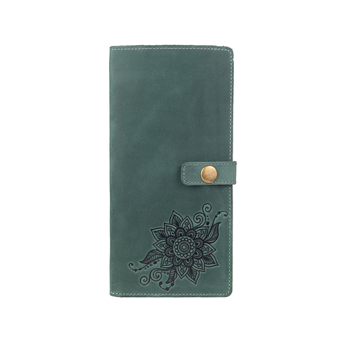 Гарний шкіряний тревел кейс зеленого кольору з художнім тисненням Mehendi Classic Id