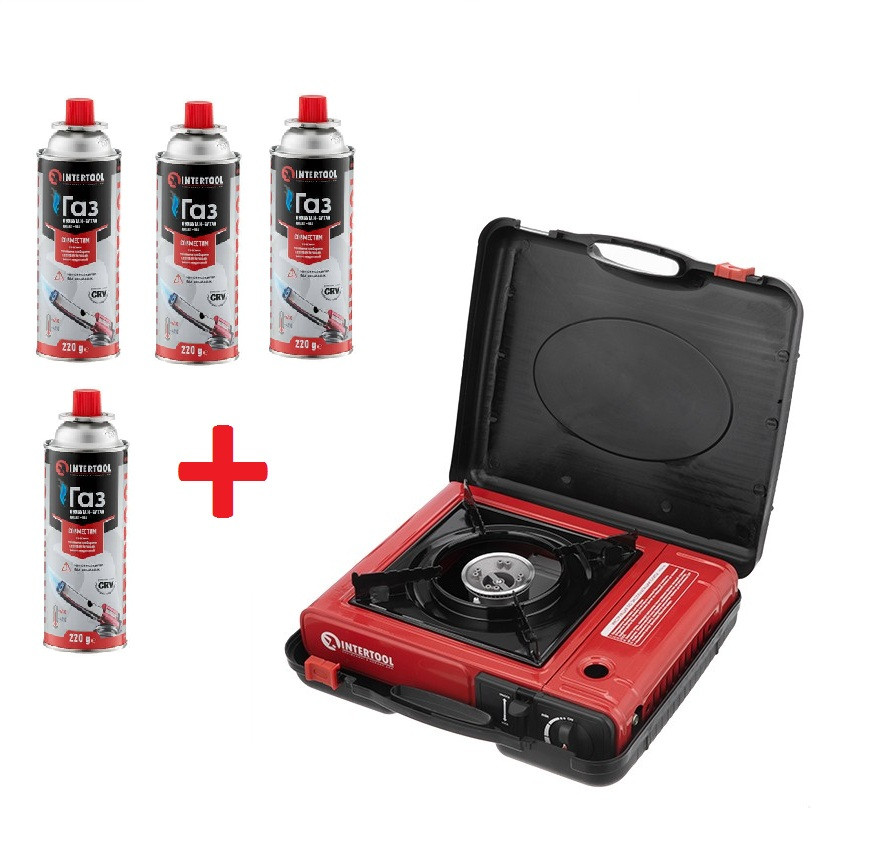 Плита газова одноконфоркова, п'єзопідпал, під газові балони пропан-бутан INTERTOOL GS-0001 + 4 ...