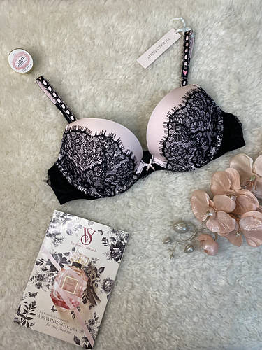 Бюстгальтер Push up Victoria's Secret розовый с черным кружевом ...