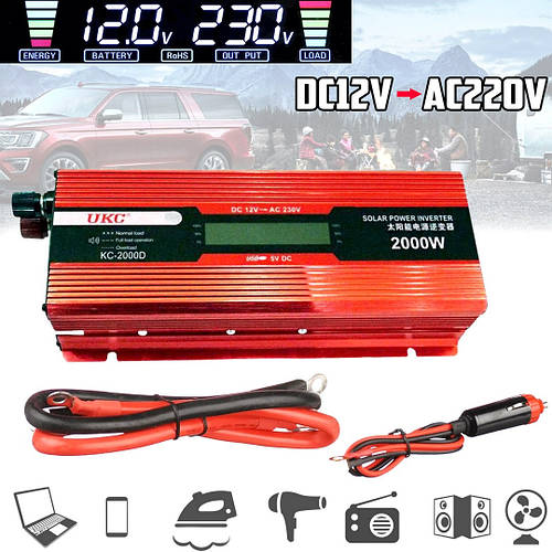 Перетворювач напруги 12 на 220 вольтів з дисплеєм 2000 Вт (12-220 В), Перетворювач в авто для ...