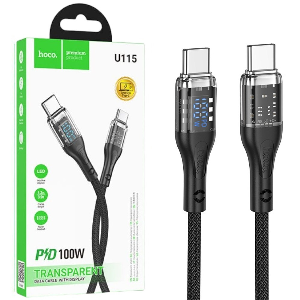 Купить Кабель Type-C/Type-C Hoco U115 Transparent (100W/3A/1.2м/ткань ...