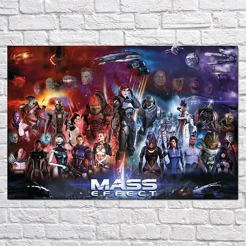 Плакат "Масс Эффект, Шепард (female) и главные герои, Mass Effect", 60× ...
