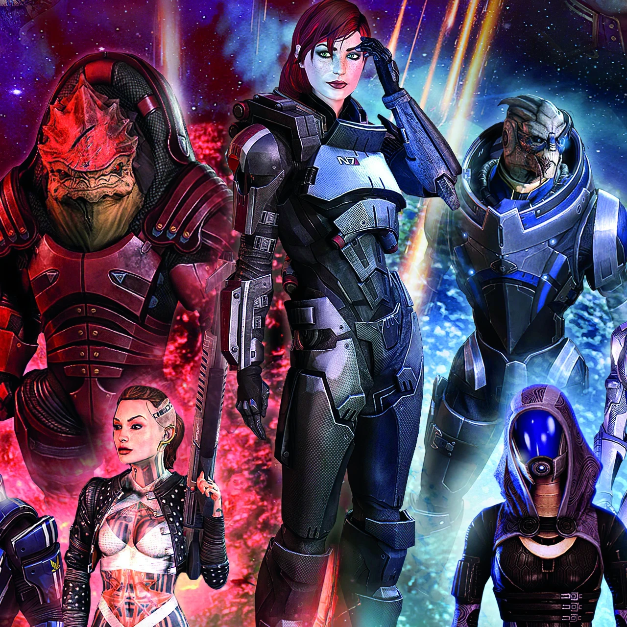 Плакат "Масс Эффект, Шепард (female) и главные герои, Mass Effect", 60× ...