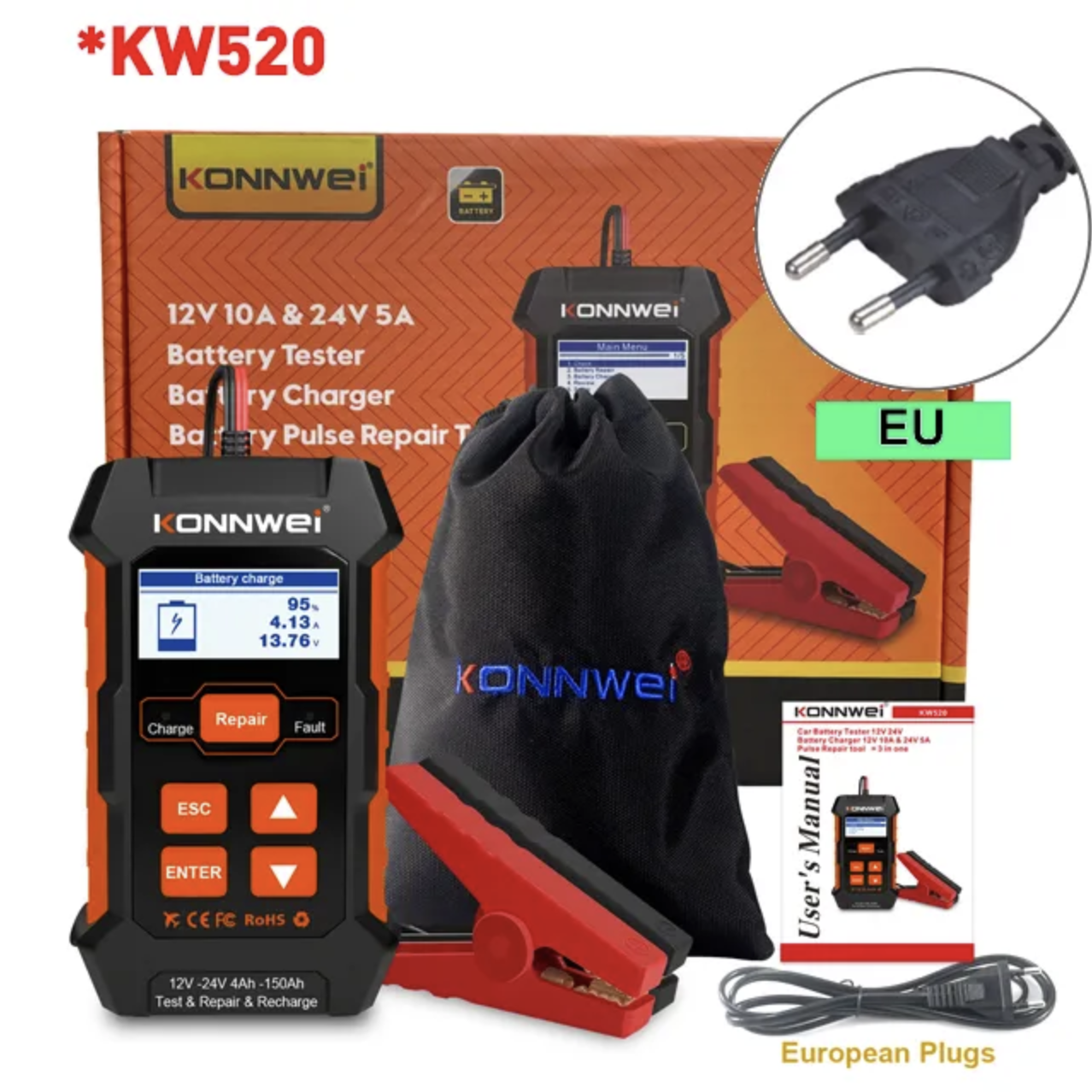Konnwei KW520 3 в 1 тестер АКБ, зарядное 12V 10A 24V 5A та відновлення ...