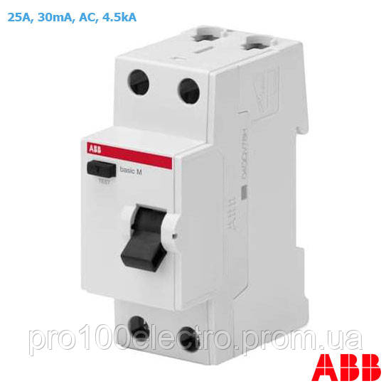 ПЗВ 25А, 30mA, тип C, 2P, AC, 4.5кА ABB Basic M BMF41225 Пристрій ...