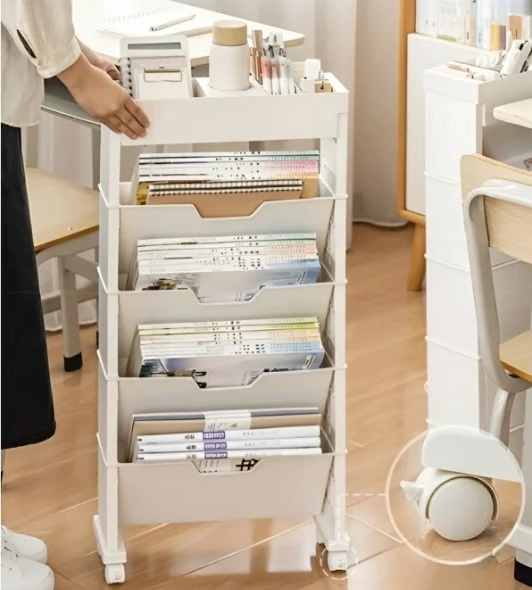 Пластикова етажерка на коліщатках для зберігання журналів вузька поличка на колесах органайзер
