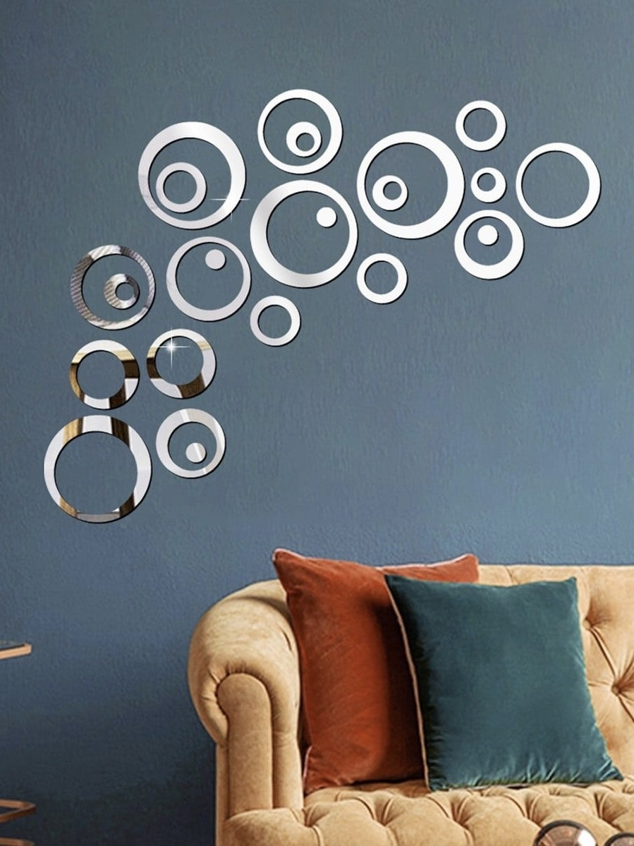 Декоративные зеркальные наклейки для стены акриловые интерьерные Мини Орбита 24 шт серебро