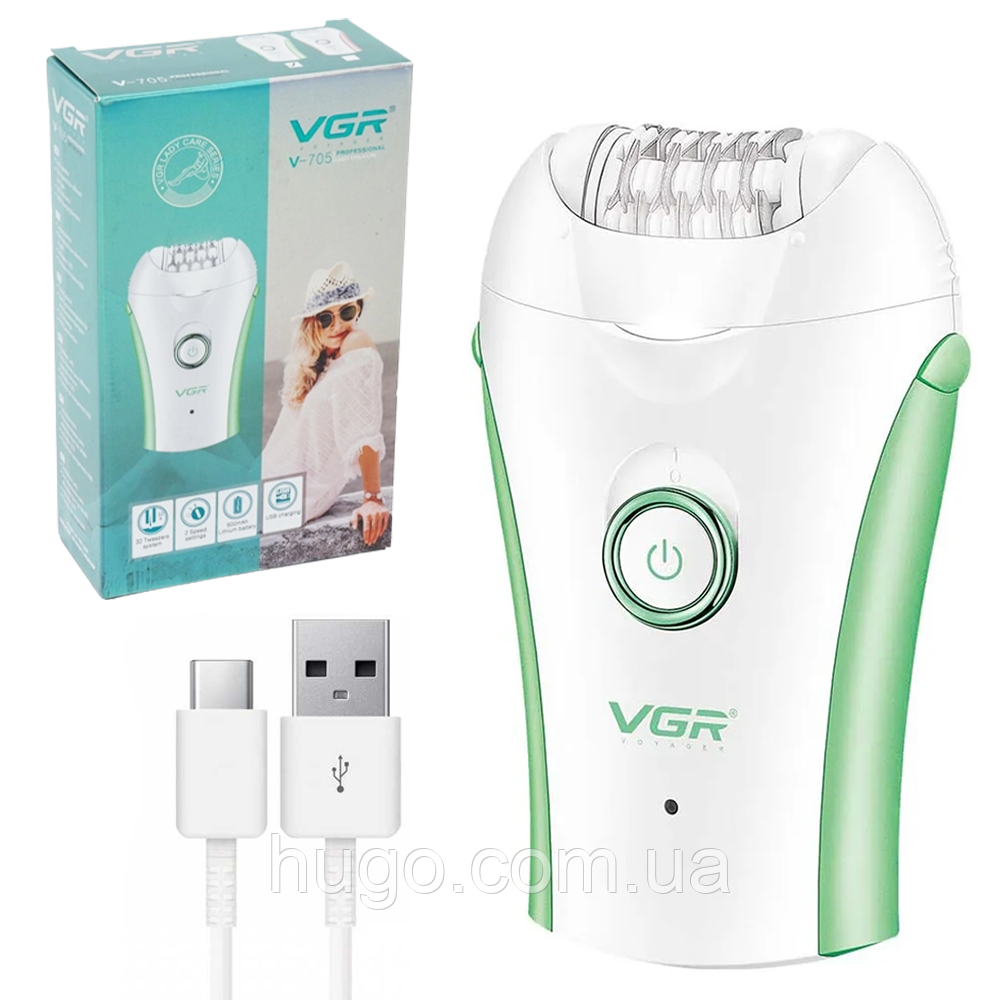 Епілятор з підсвічуванням та USB, VGR V-705 для ніг та зони бікіні, Зелений / Бездротовий ...