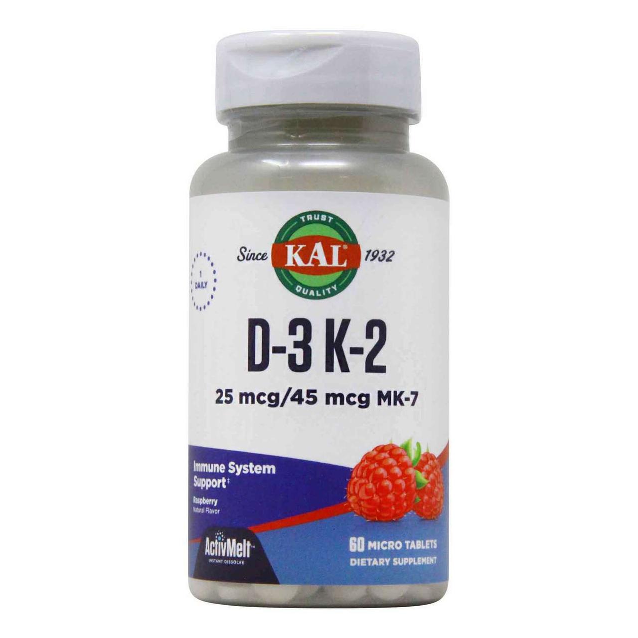 Витамины Д-3 и K-2 Vitamin D-3 K-2 KAL вкус красной малины 1000 МЕ/45 ...