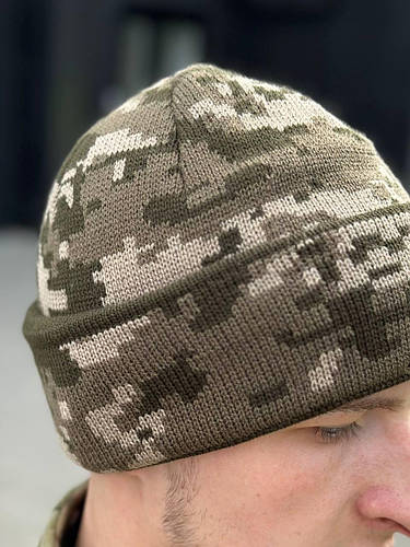 Армейская зимняя вязаная шапка пиксель шапка военная с отворотом ...