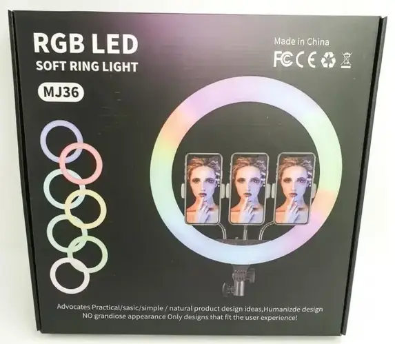 Кільцева LED лампа RGB MJ36 36 см (3 кріплення, управління на проводі) | Лампа-кільце для фото ...