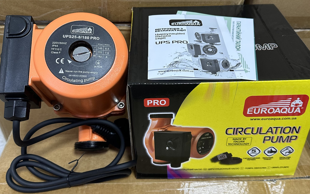 Насос циркуляційний Euroaqua UPS PRO 25-8S/180 (з гайкою) 5 років гарантії: продаж, ціна у ...