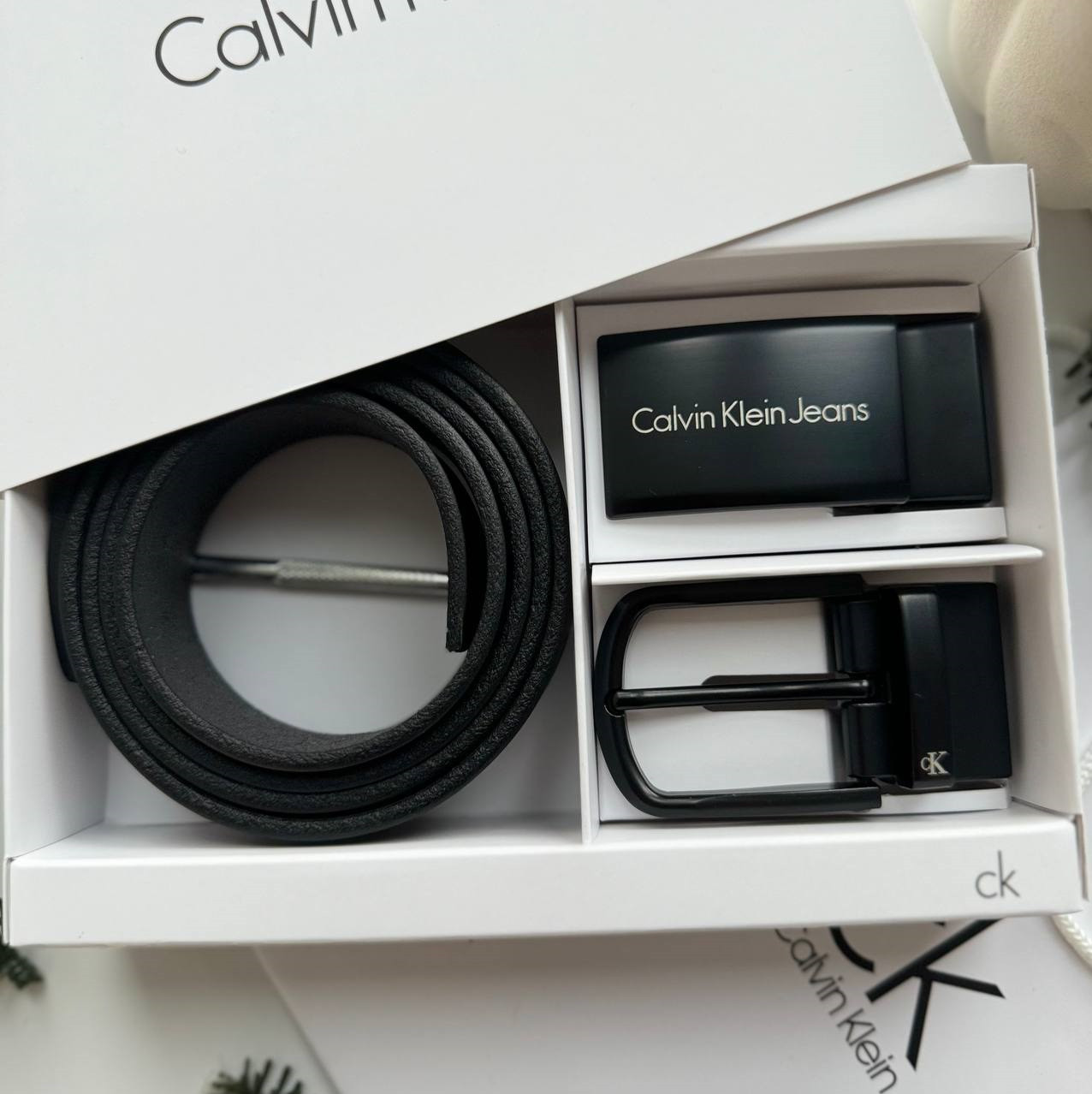 Мужской кожаный ремень Calvin Klein чёрный с двумя пряжками, подарочный ...