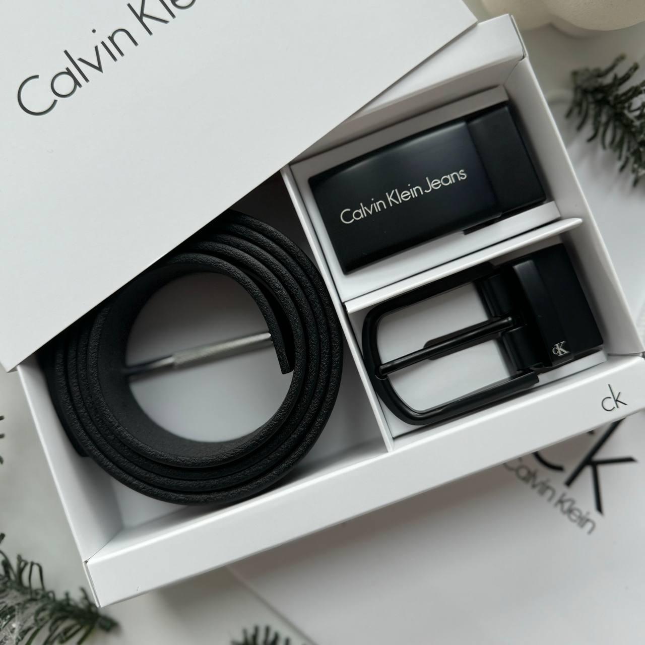 Мужской кожаный ремень Calvin Klein чёрный с двумя пряжками, подарочный ...