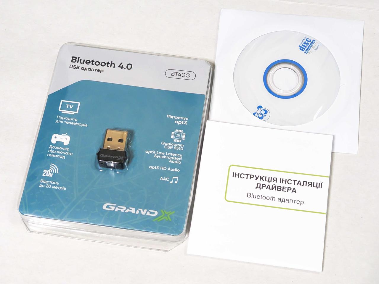 Блютуз адаптер для ПК Grand-X BT40G aptX USB, юсб переходник/приемник ...