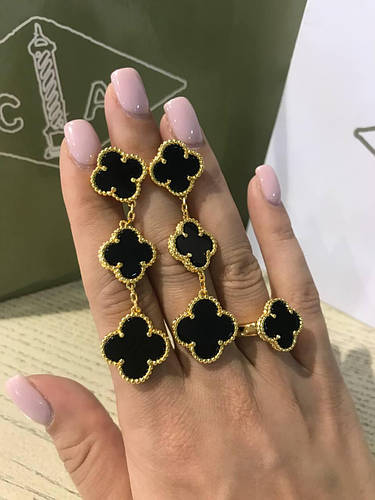 Набор Vancleef/ ВанКлиф черный в позолоте: серьги и кольцо, цена: 1885 ...