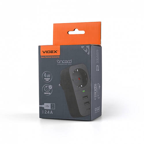 Адаптер мережевий VIDEX ONCORD з/з 1п 2.4A 2USB+USB-C чорний (ID ...
