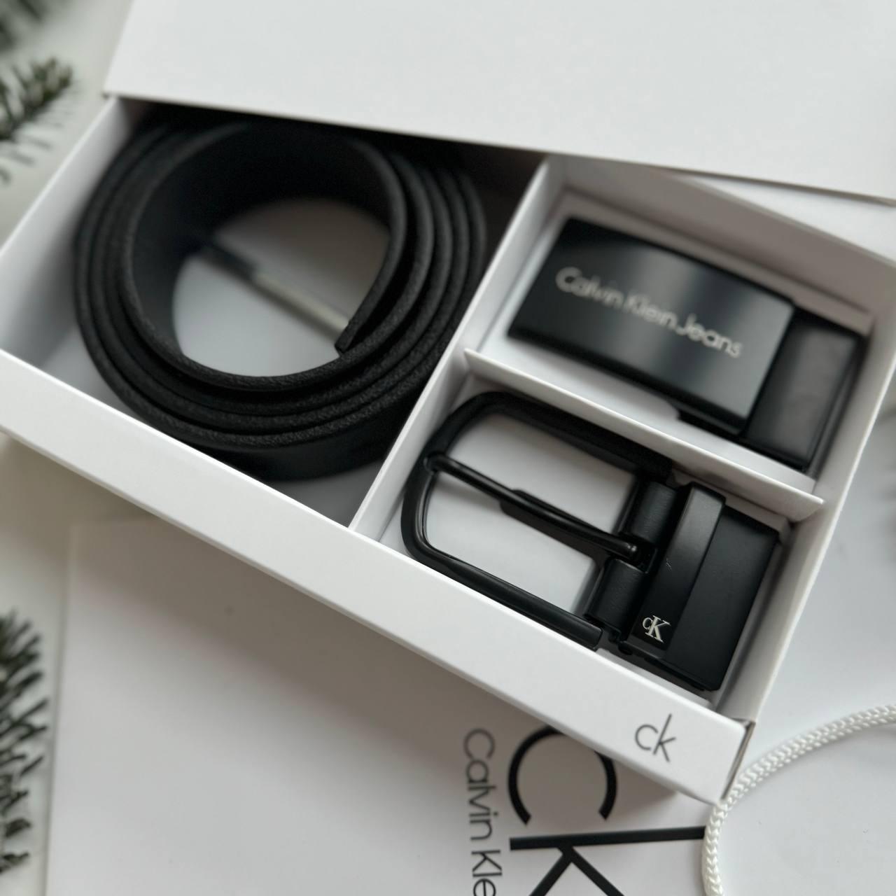 Мужской ремень из натуральной кожи с двумя пряжками Calvin Klein черный ...
