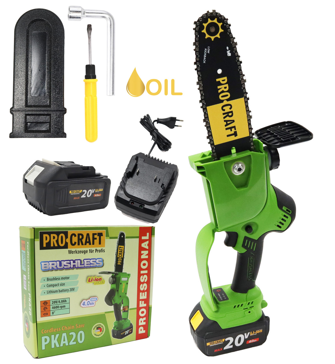 Акумуляторна безщіткова мініпила ProCraft PKA20 з автоматичним подаванням оливи (1 акб + ЗП ...