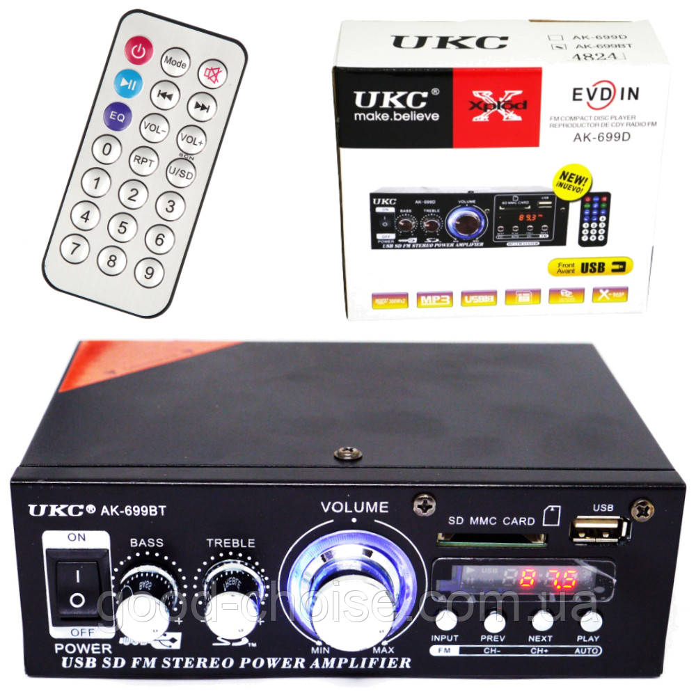 Усилитель звука двухканальный с радио, USB и Bluetooth + пульт ДУ, UKC ...