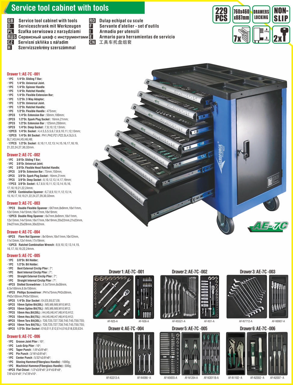 Тележка на колесах с инструментами 7 секций 229 ед. Aeroforce AE-7C (ID ...