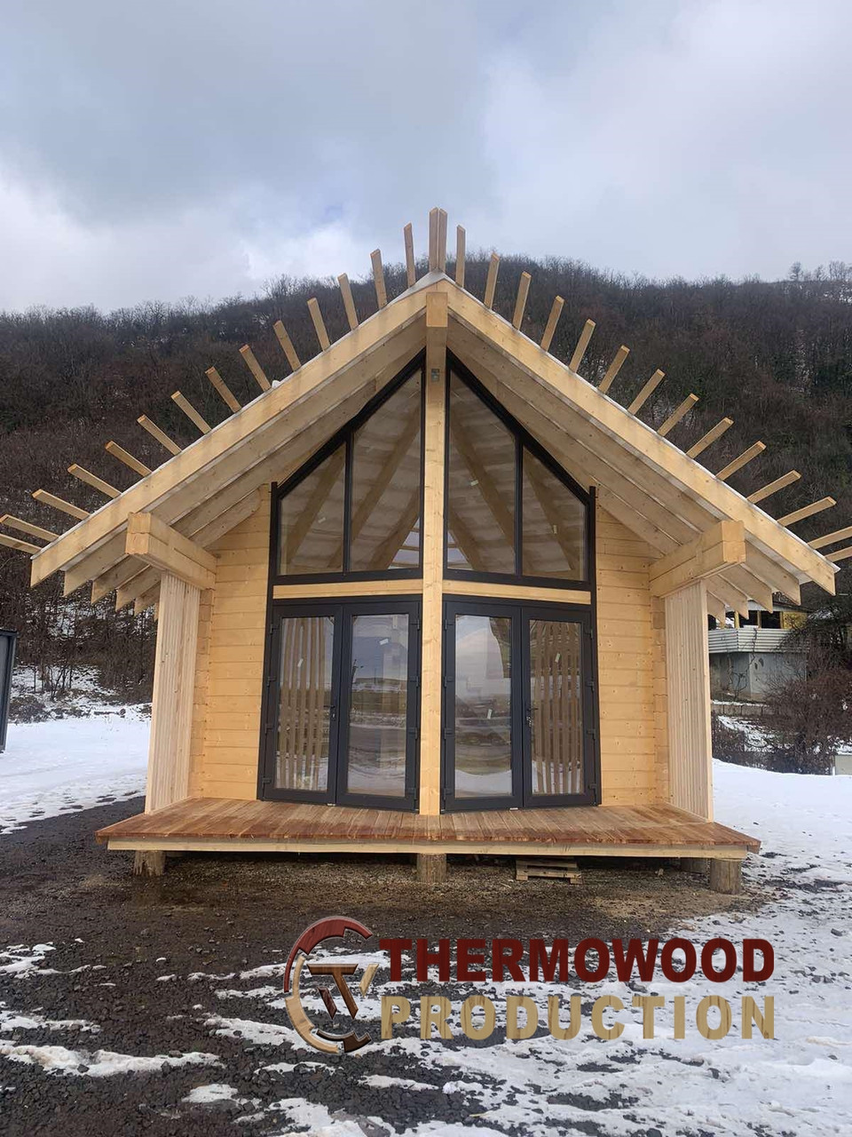 House made of glued spruce timber 180x200mm with an area of 62.71 m2 ...