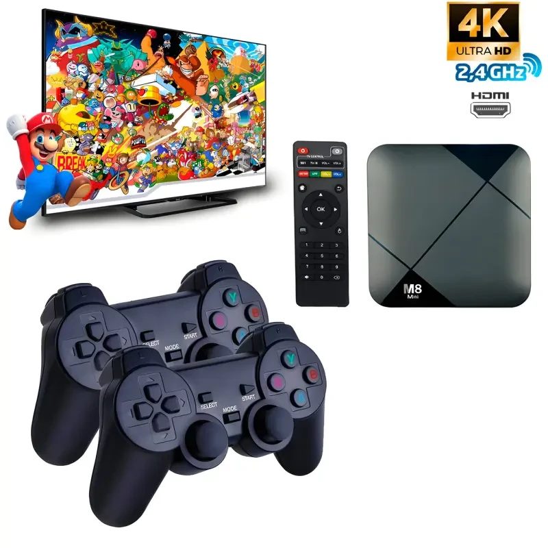 Ігрова приставка M8 mini 4K Android TV, 64 gb, з вбудованим емулятором ретроігор і джойстиками ...