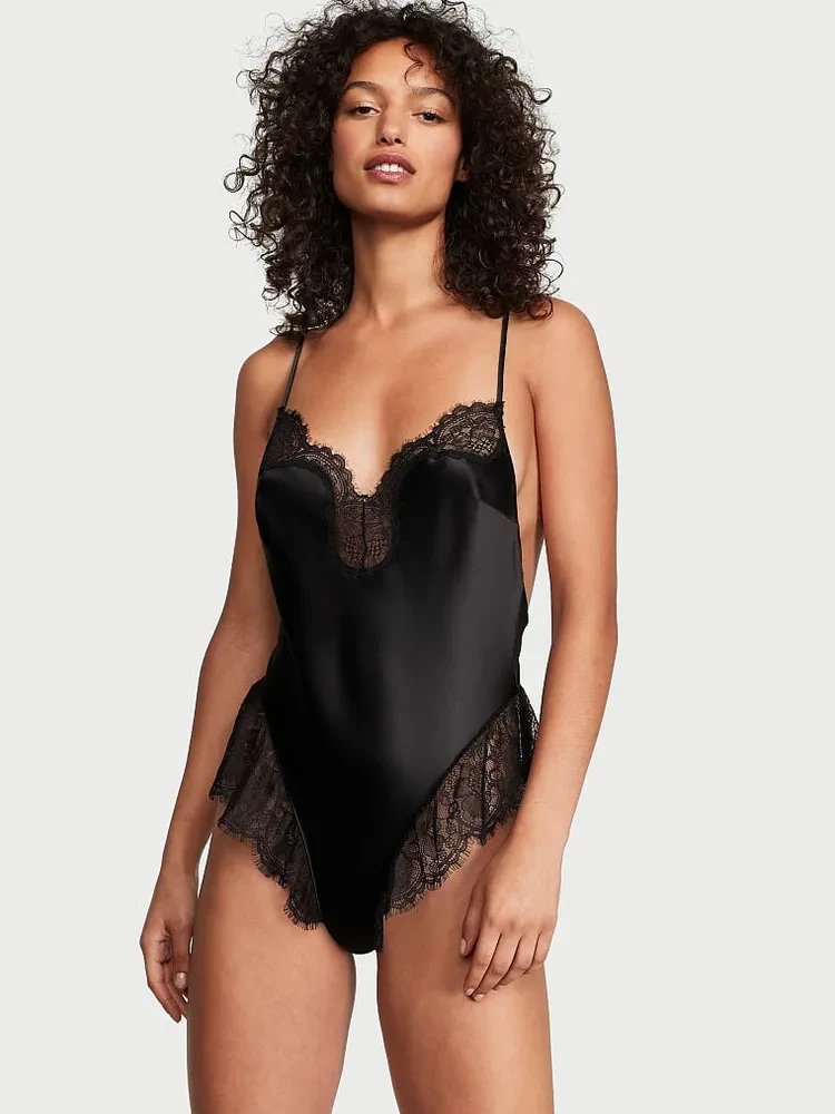 Пеньюар ромпер Victorias Secret Satin Lace High Leg Romper Чорний