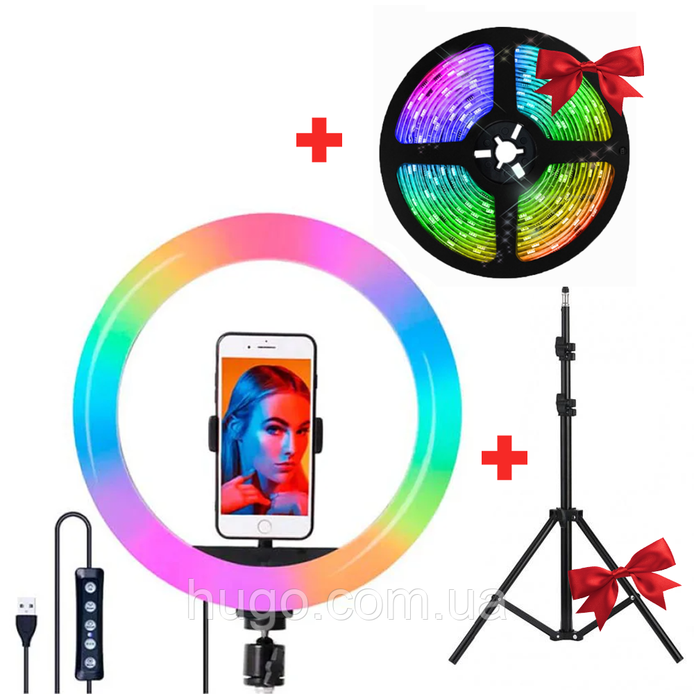 Кільцева лампа 36 см, RGB MJ36 + Подарунок Штатив для лампи + LED Стрічка 5 м / Світлодіодна ...