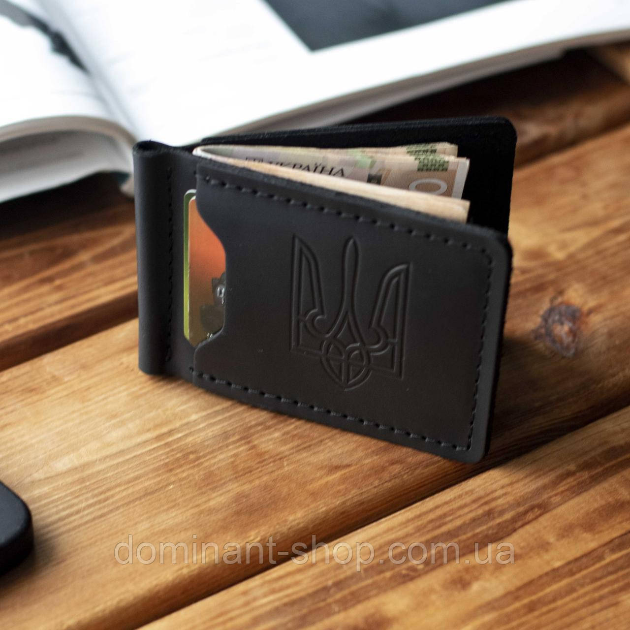 Шкіряний затискач для купюр із натуральної шкіри Simple Tryzub чорний з ...