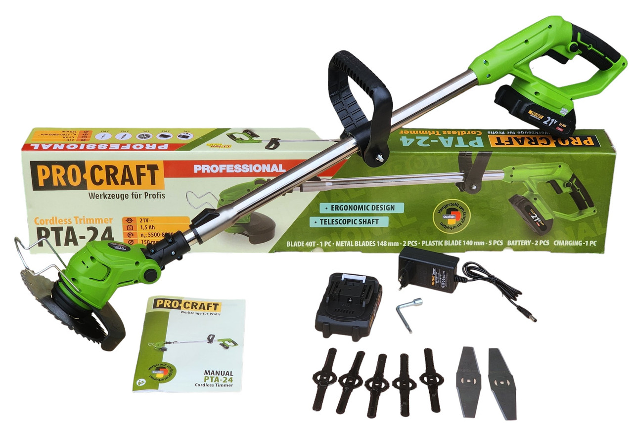 Тример акумуляторний для трави Procraft PTA24 2 АКБ та ЗУ, Електрокоса акумуляторна прокрафт ...