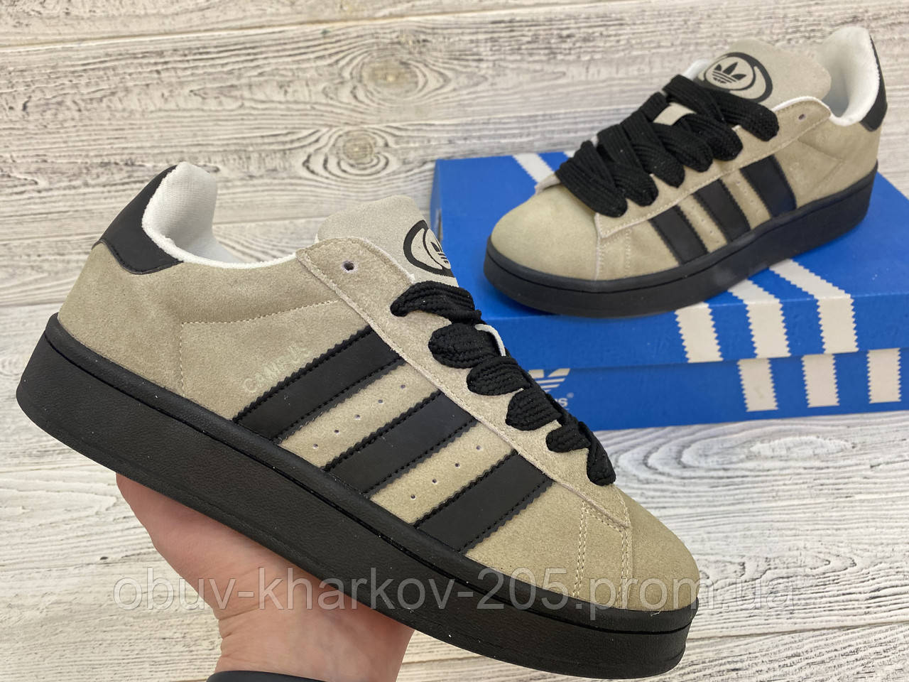 Мужские замшевые кроссовки Адидас Кампус бежевые с черным Adidas Campus ...