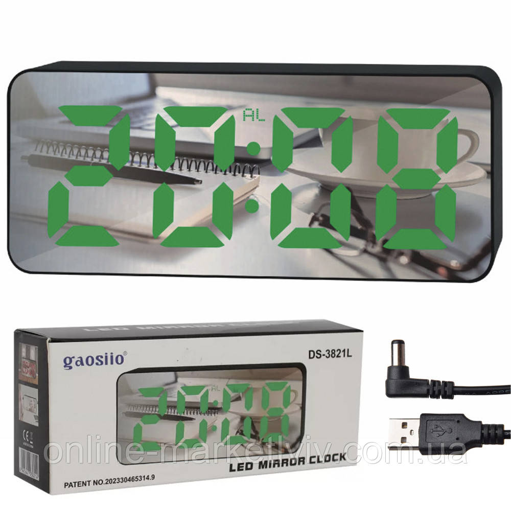 Зеркальные часы с будильником, термометром и календарем DS-3821L / Настольные электронные часы ...