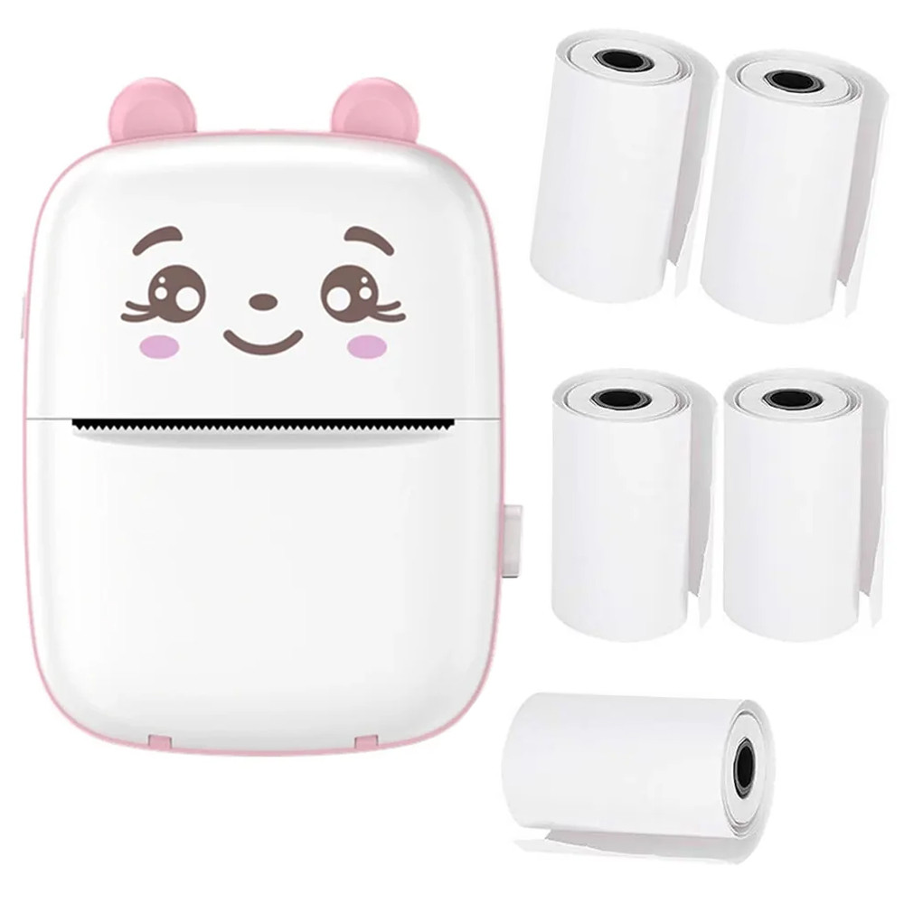 Міні принтер з Bluetooth + 5 рулонів термопаперу, Рожевий / Дитячий ...