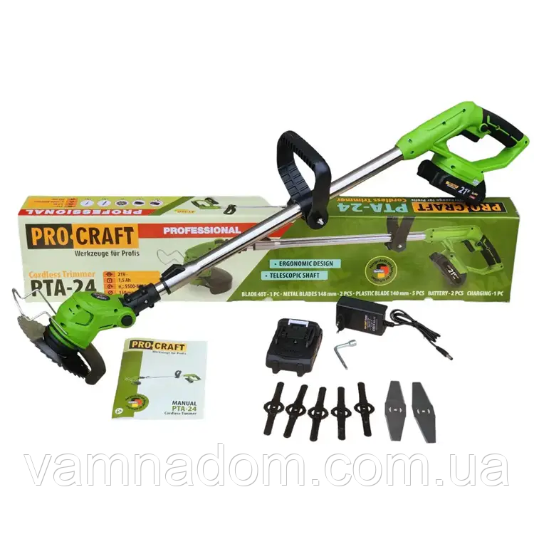Аккумуляторный триммер Procraft PTA-24 (2 АКБ, зарядное, широкий набор режущих насадок в ...