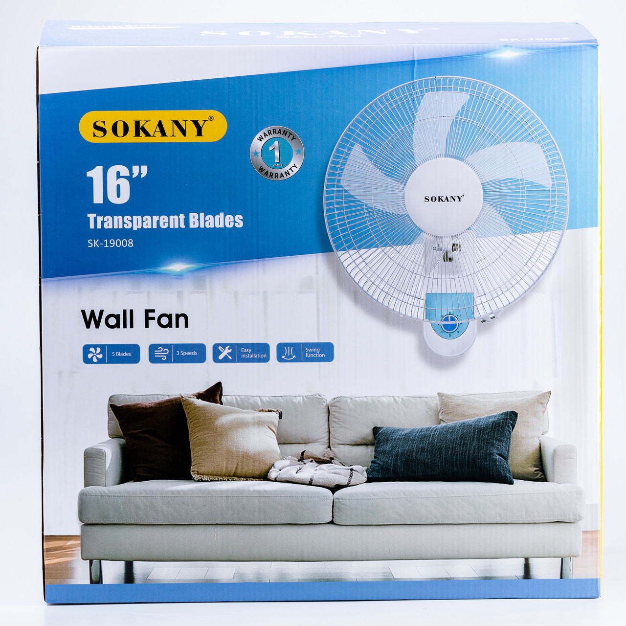Вентилятор настенный Sokany SK-19008 16" Wall Fan 3 скорости 5 лопастей ...
