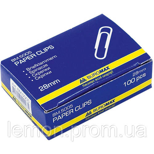 Скріпки канцелярські Buromax 28 мм, nickel-plated, rounded, 100 шт BM ...