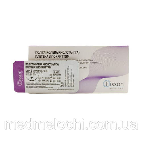 ПО Tisson Medical USP 1 (EP 4) со свор. рож. иглой 40 мм 3/8 окружность ...