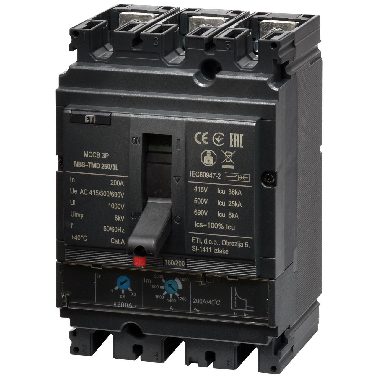 Автоматичний вимикач ETI NBS-TMD 250/3L 200A 36kA (0.8-1)In/(5-10)In 3P (4673071): замовляйте ...