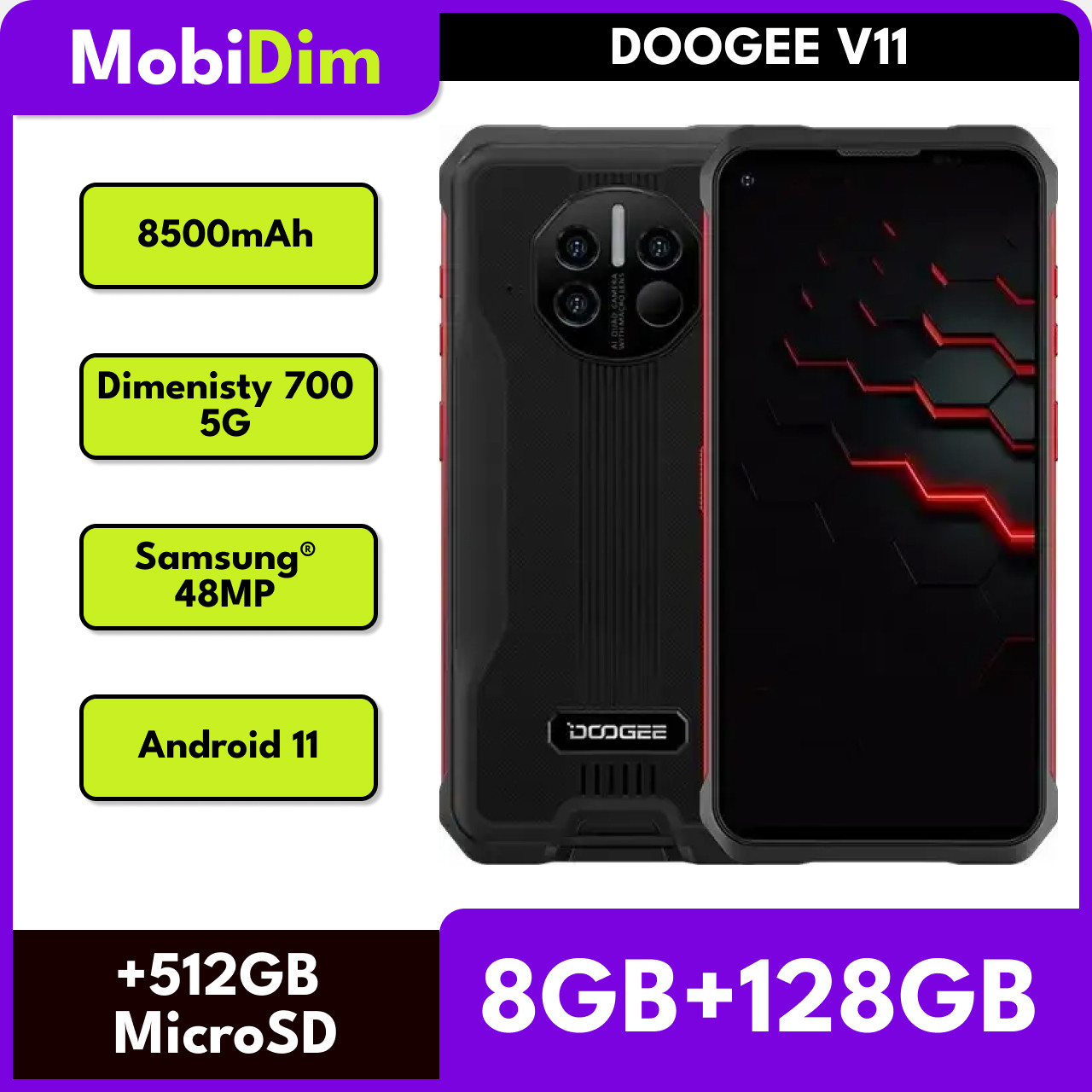 Противоударный смартфон Doogee V11 8/128GB 8500mAh Samsung® 48MP 2SIM ...