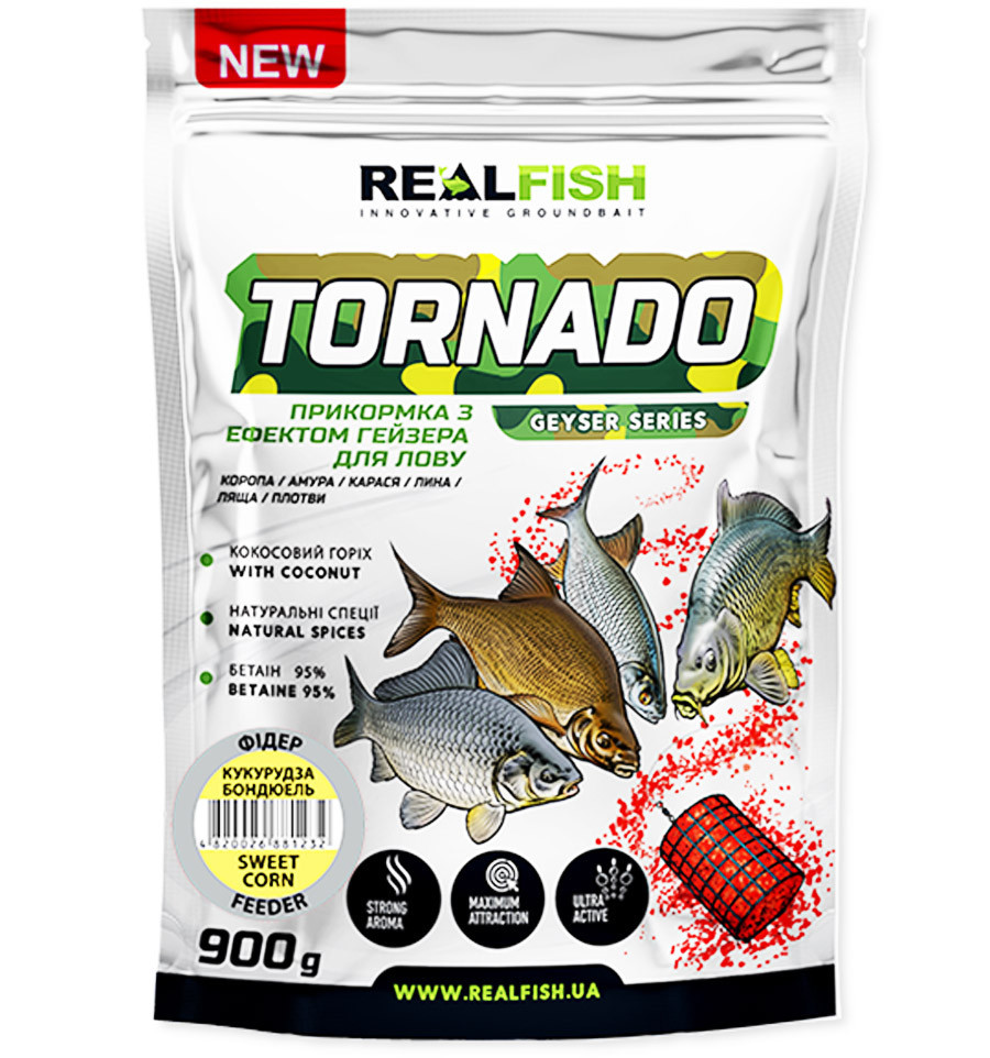 Прикормка REAL FISH гейзер Tornado Фидер КУКУРУЗА БОНДЮЭЛЬ 0,9 кг (ID ...