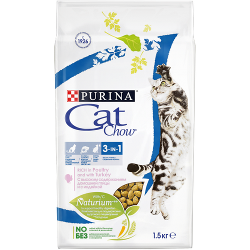 CAT CHOW FELINE 3в1 сухой корм для кошек с индейкой (pH, Hairball.Oral ...