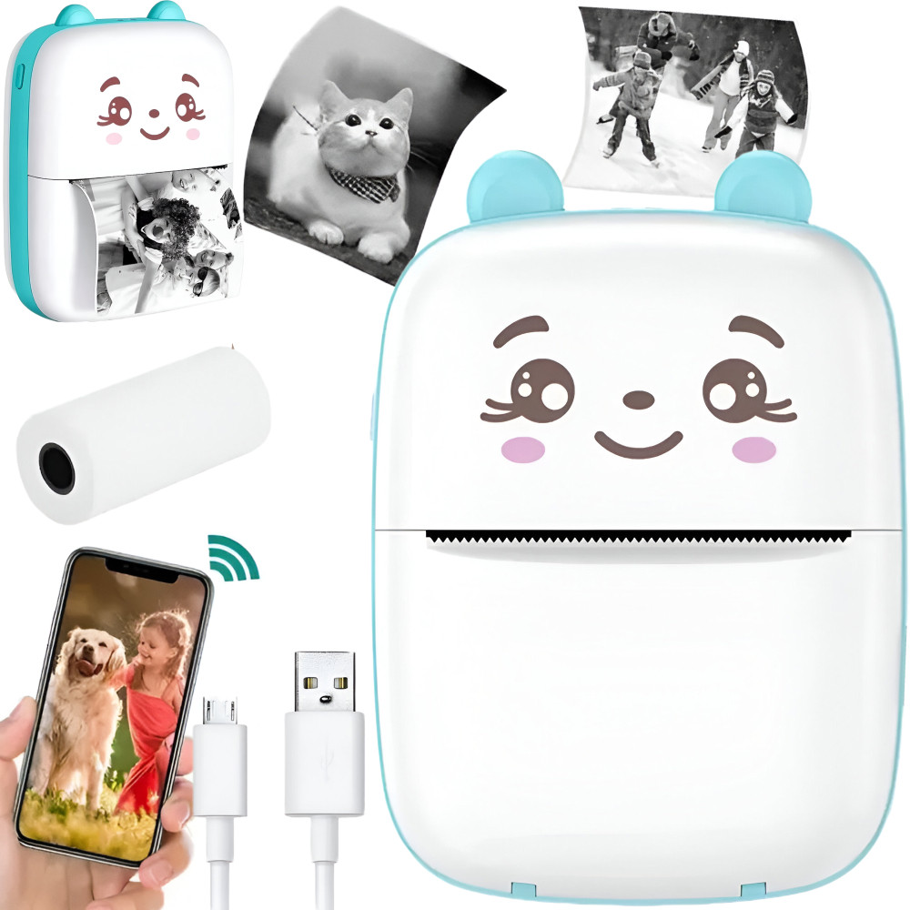 Портативный мини принтер + рулон термобумаги, Голубой / Детский ...