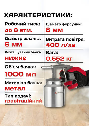 Піскоструминний пістолет пневматичний INTERTOOL PT-0705 побутовий пістолет піскоструму з бачком ...